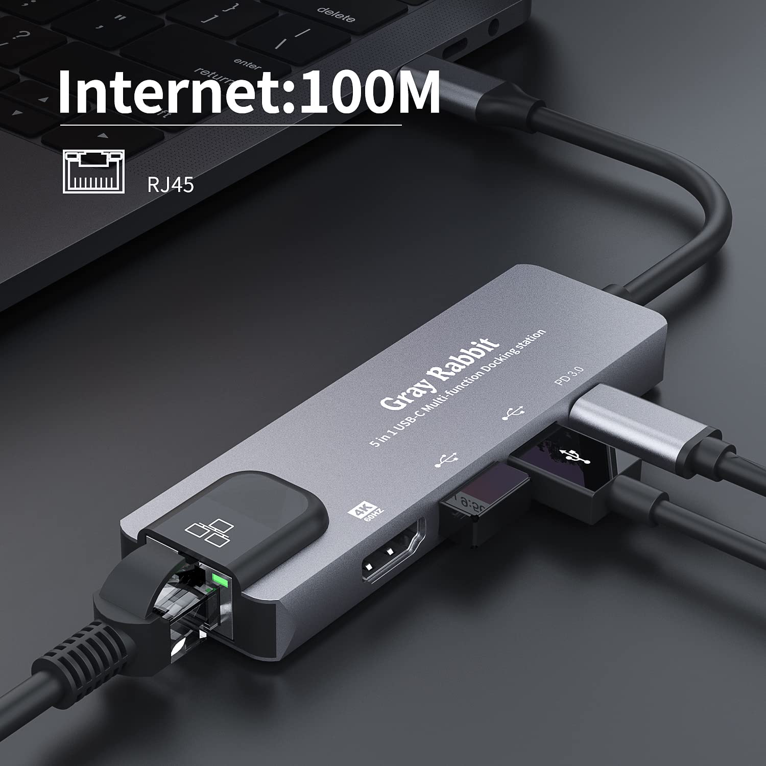 5-in-1 Dock Station,USB Type c HUB with 4k@60HZ, 2*USB2.0 Ports, PD3.0 and RJ 45 10/100M Compatible with MacBook Air Pro,iPad pro, Surface Laptop/Pro and More