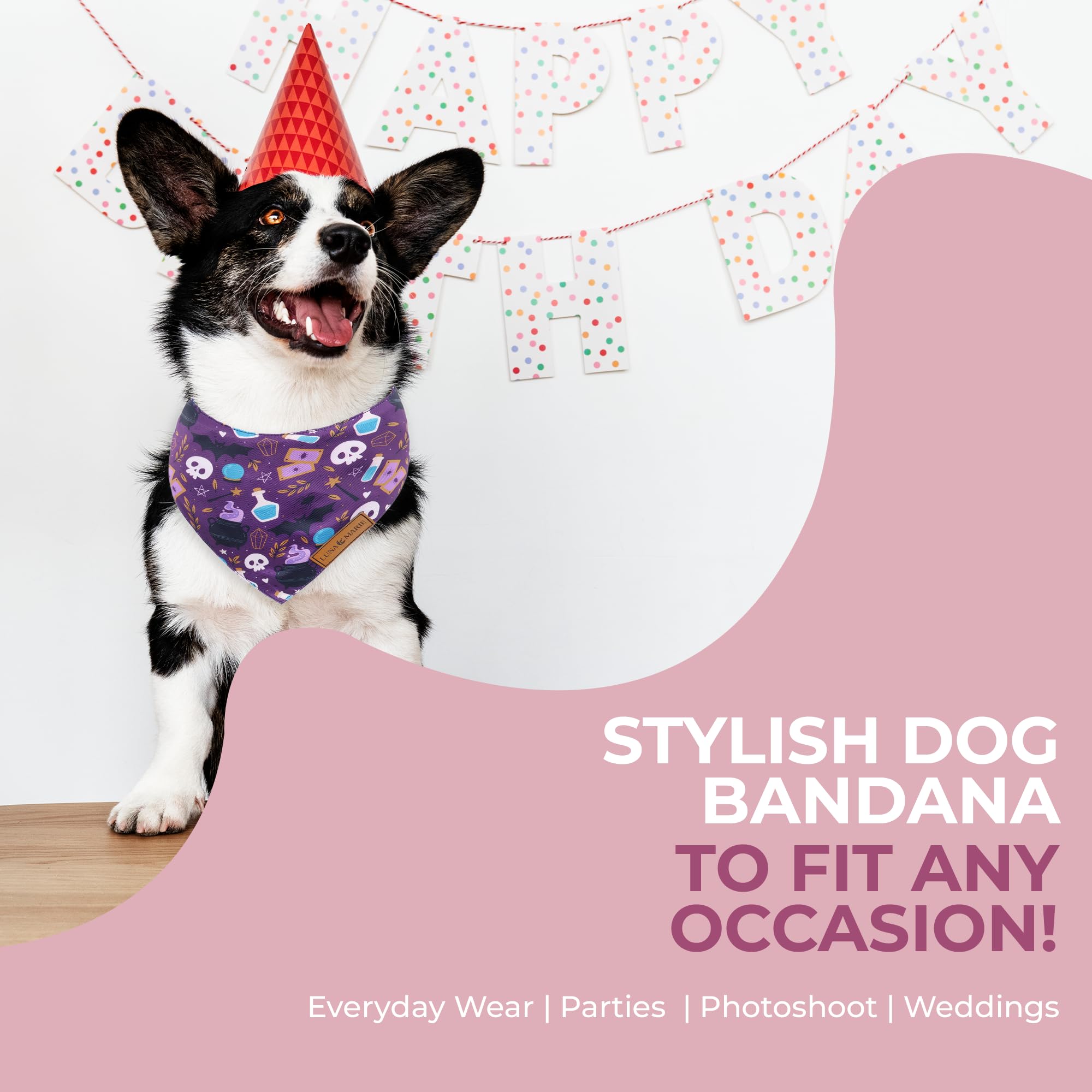 LunaMarie - Luxury Pet Birthday Bandanas -Premium & Silky Poly Fabric | 100% Handmade | Custom Shape Dual Layered (Bewitched, Large)
