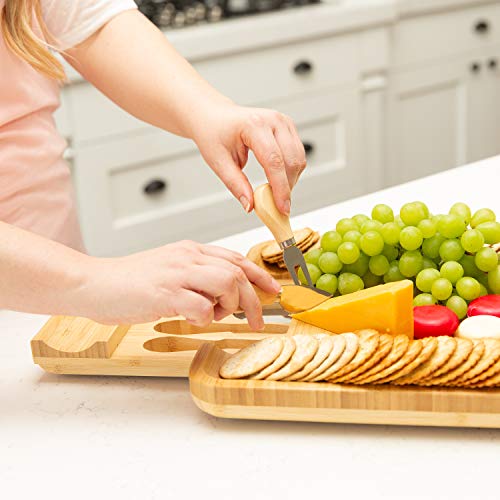 Frux Cheese Board and Knife Set. Wood Charcuterie Board Set, A Perfect Serving Platter for Meat, Cheese, Crackers and Wine. All Natural Bamboo with 4 Stainless Steel Cheese Knives and Server.