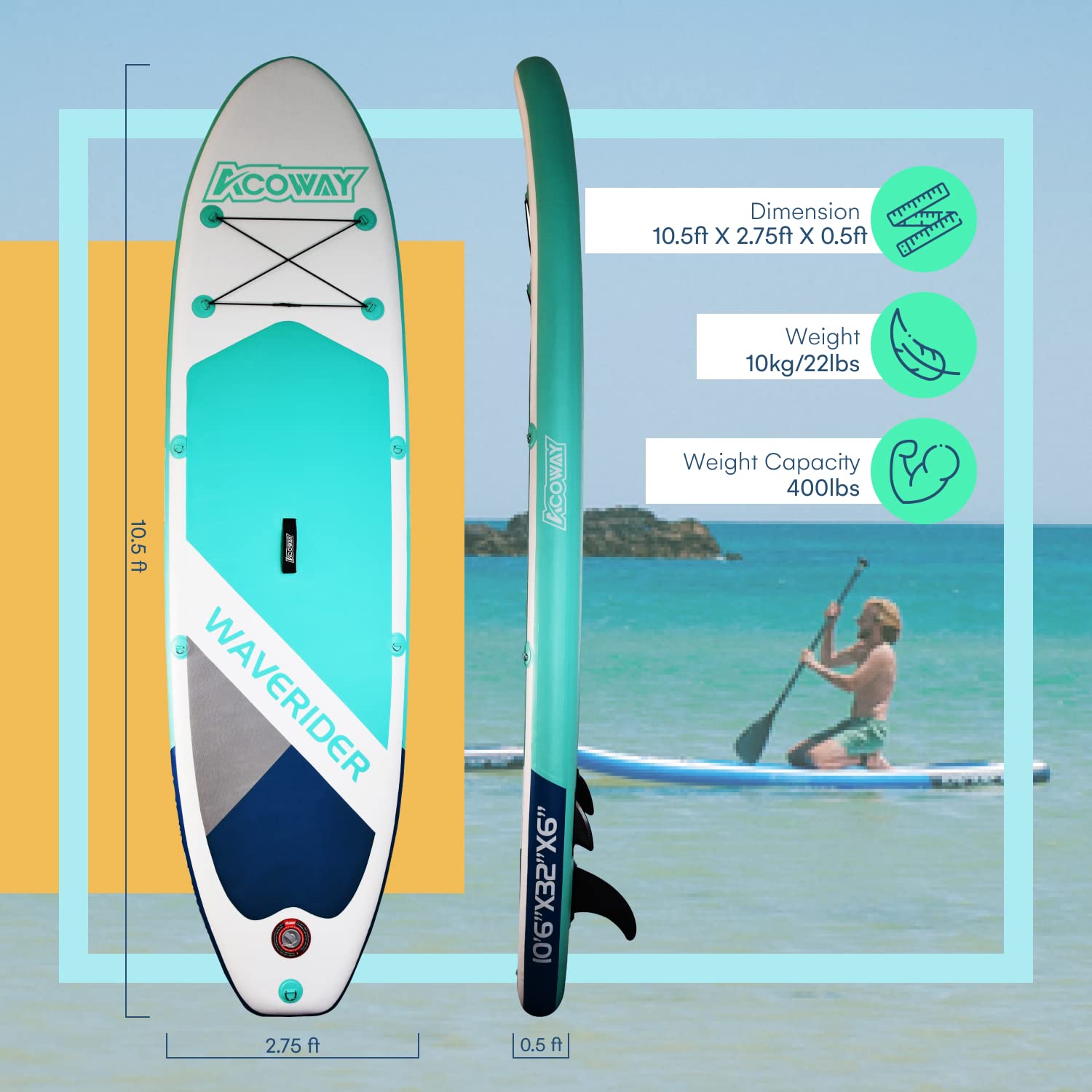 Acoway Inflatable Paddle Board for Adults - Stand Up Paddle Board - Non-Slip Surfing Equipment - Includes Accessories Backpack & Hand Pump - Ideal for Yoga, Fishing, Sunbathing, and Touring Green