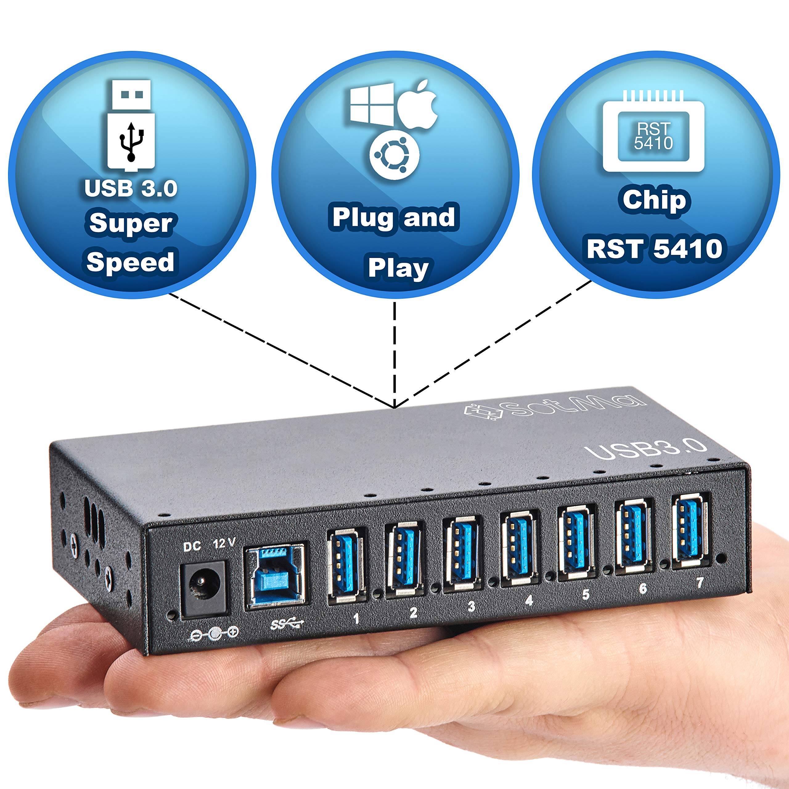 USB 7 Port Hub - Powered USB 3.0 Hub - Aluminum USB Hub -USB Splitter Hub 12V 3A 36W Power Adapter