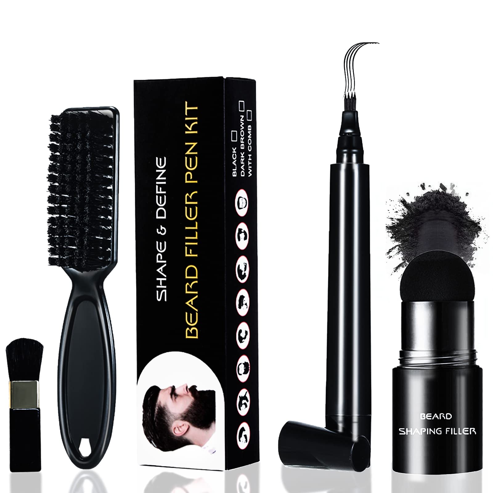 Beard Pencil Filler for Men Black, 4-Tip Beard Filler Pen Waterproof & Long Lasting Natural Makeup Beard Pen with Beard Brush Detailing Filler Moustache & Eyebrows (Black Beard Pen Kit)