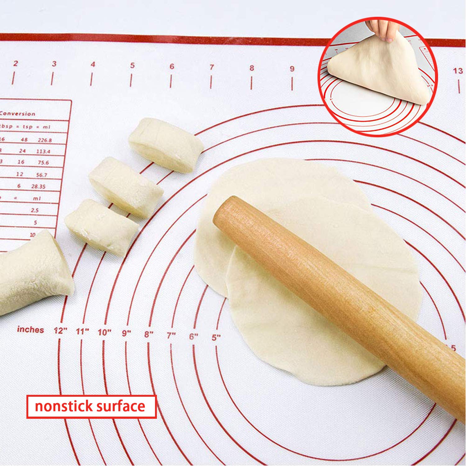 AITAOGO Silicone Pastry Mat, Non Stick Silicone Mat, Upgrade with Measurement Nonslip Baking Mat, Used for Rolling Dough, Pie Crust and Pizza, Durable Easy Clean Pastry Mat (red)