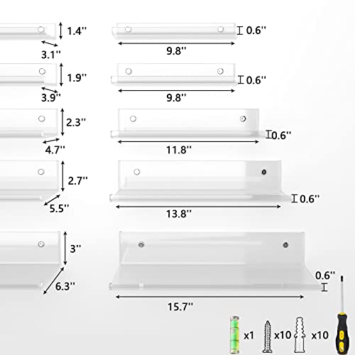Avveckel Acrylic Shelves, Clear Shelves, 5 Set Different Sizes Acrylic Shelf Floating Clear Shelves for Wall Wall Décor Storage Bedroom, Living Room, Bathroom, Kitchen, Small Farmhouse