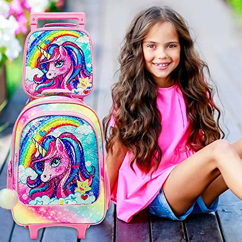 FTJCF 3PCS Rolling Backpack for Girls, Kids Unicorn Roller Bookbag with Wheels, Wheeled School Bag Set for Elementary -Rainbow