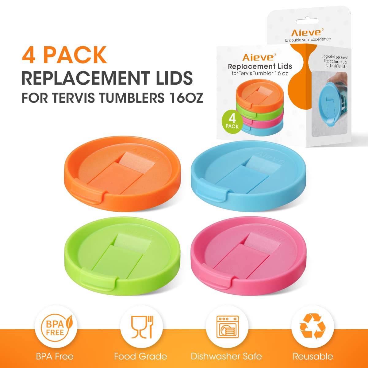 Aieve Leakproof Travel Lids, 4 Pack Replacement Tumbler Lid Compatible with Tervis Tumbler 16 oz