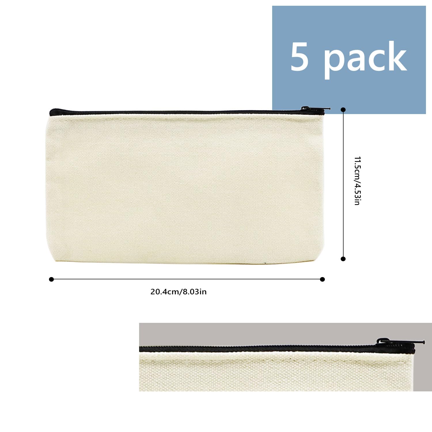 Dohia Blank Canvas Pencil Pouch Bulk Canvas Cosmetic Bag DIY Craft Bag Multi-Purpose Travel Toiletry Bag Canvas Zipper Bags D1-2307-KBLLD