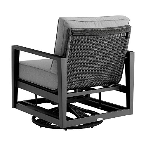 Armen Living Grand Black Aluminum Outdoor Swivel Glider Chair with Dark Gray Cushions