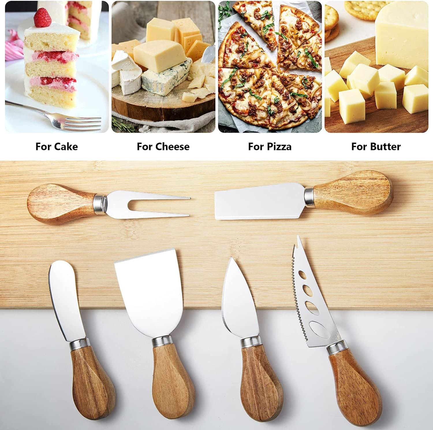 HyChill Cheese Knife Set 8-Piece Cheese Knife with Acacia Wood Handle Stainless Steel Cheese Slicer Cheese Cutter with Cheese Grater & Brush,Perfect Gift for Holiday, Birthday(C)