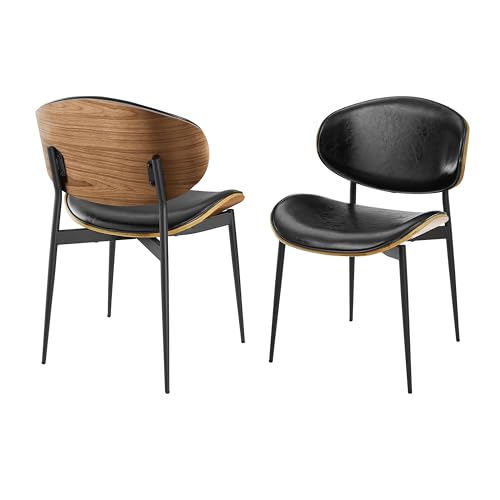 Art Leon Modern Faux Leather Dining Chairs, Mid Century Desk Chair No Wheels, Armless Accent Chair with Black Metal Legs, Set of 2, Black/Walnut