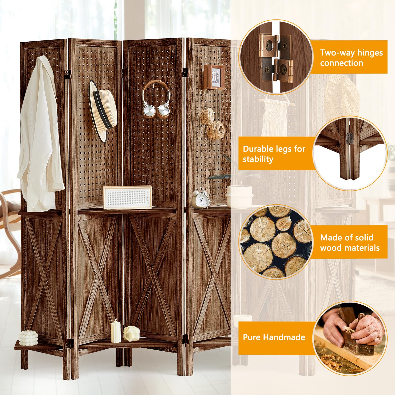 ALeesing 6 Panel Pegboard Display with 24 Hooks, Wooden Pegboard Room Divider Wall with Shelf, Rustic Room Dividers and Folding Privacy Screens, Bedroom, Jewelry Store, Brown