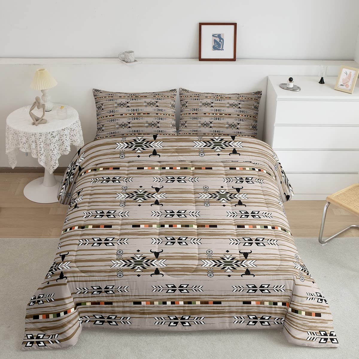Erosebridal Western Boho Duvet Insert Twin,Cow Dream Catcher Bedding Set Southwestern Comforter Set,Ethnic Tribe Arrow Aztec Bed Quilt Retro Vintage Exotic Longhorn Skull Boho Decor Khaki Beige
