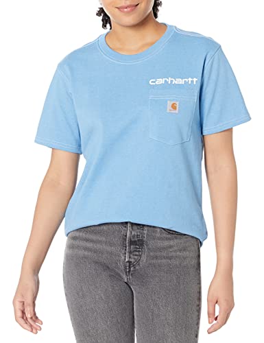 Carhartt womens Short-sleeve T-shirt Loose Fit Heavyweight Short Sleeve Pocket Logo Graphic T shirt, Blue Lagoon Heather, Small US