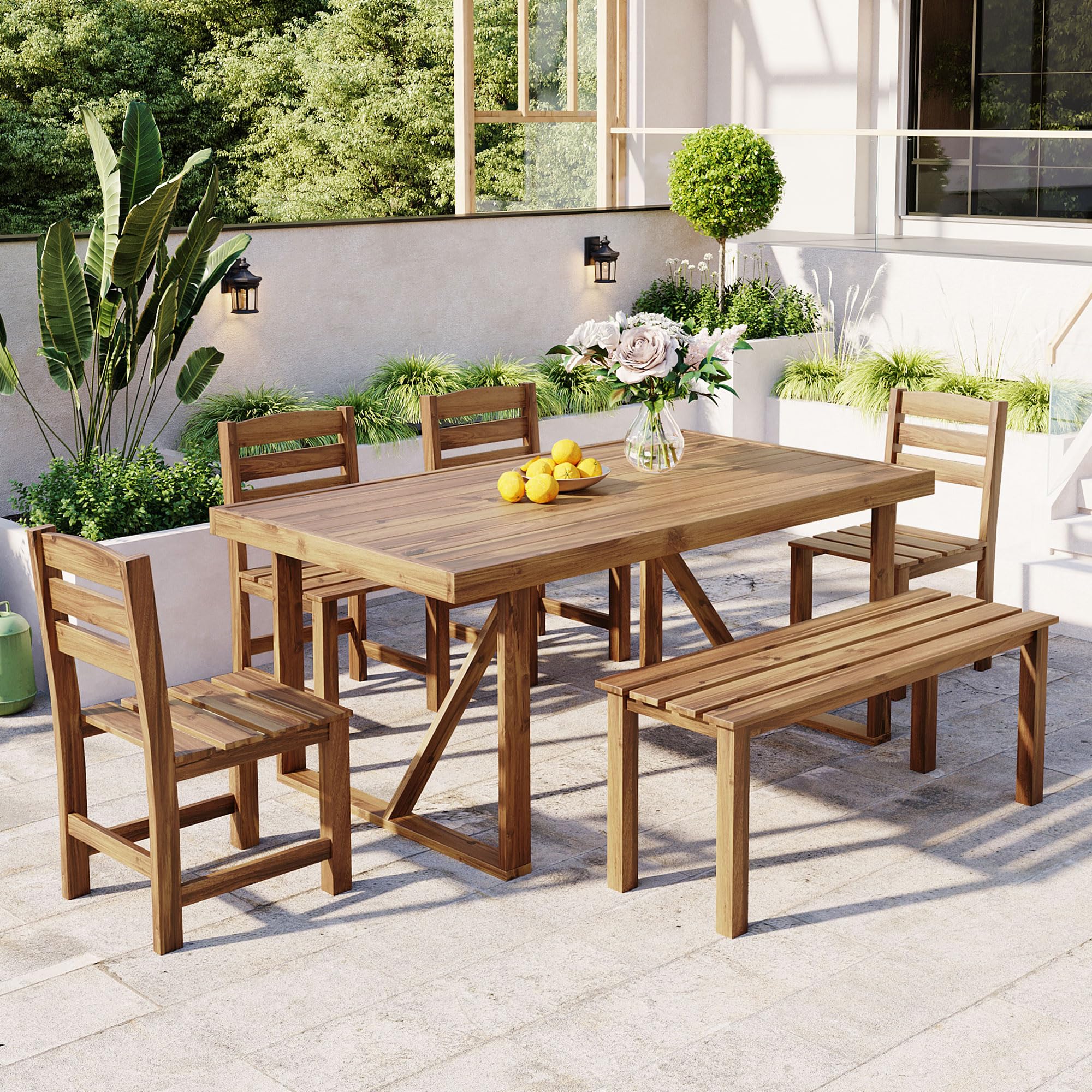 6 Person Outdoor Acacia Wood Dining Table Set, All Weather 6 Pieces Conversation Set, 60'' Rectangle Dining Table with 4 Chairs and Bench for Patio Backyard Garden Poolside Balcony (Natural-26)