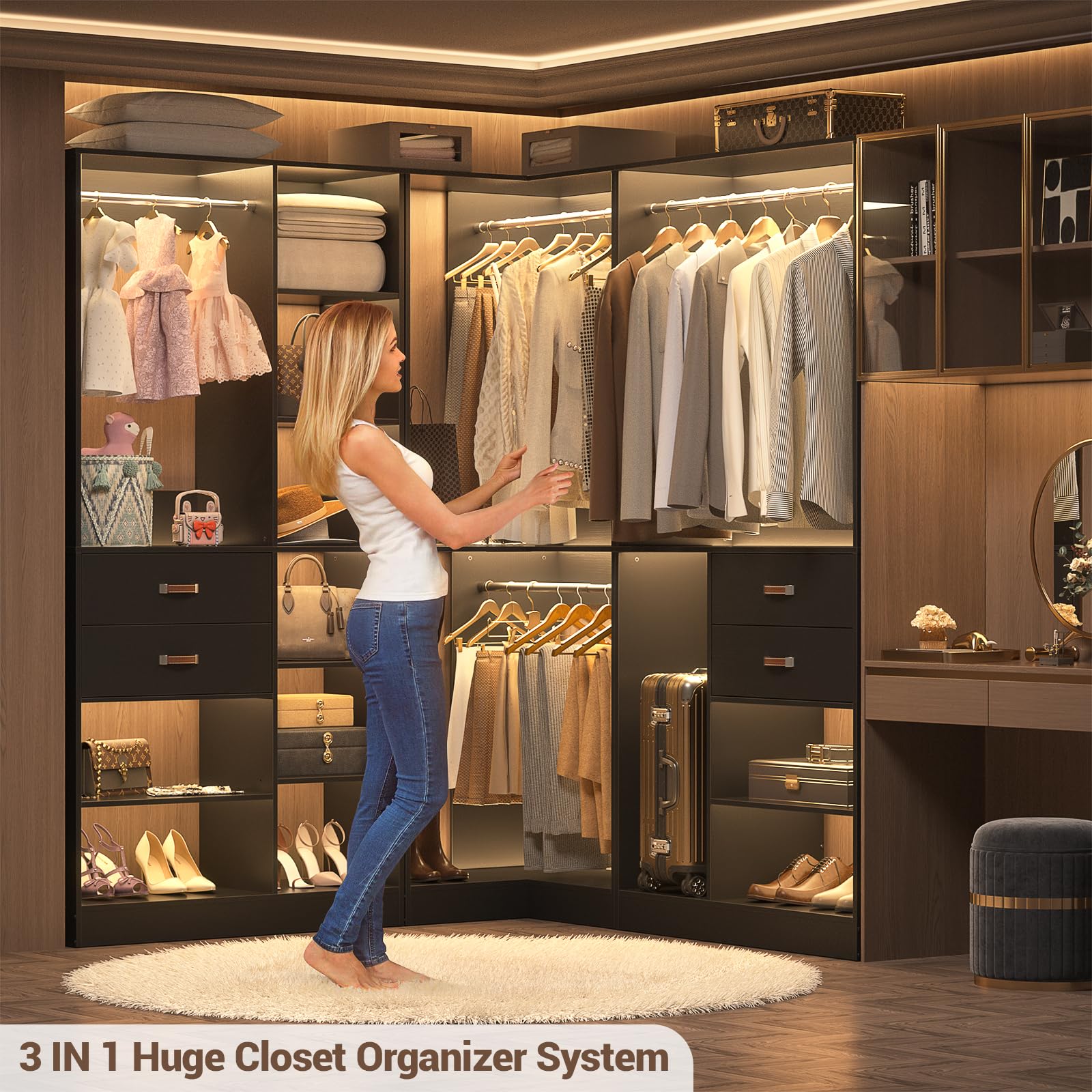 armocity Freestanding Closet System with 3 Sets, 110'' Reversible Stand-alone Wardrobe, 80'' Height Cloth Garment Organizer, Walk-in Closet with Hanging Rod, 71" Lx71 Wx80 H, Load 2500 LBS, White Oak