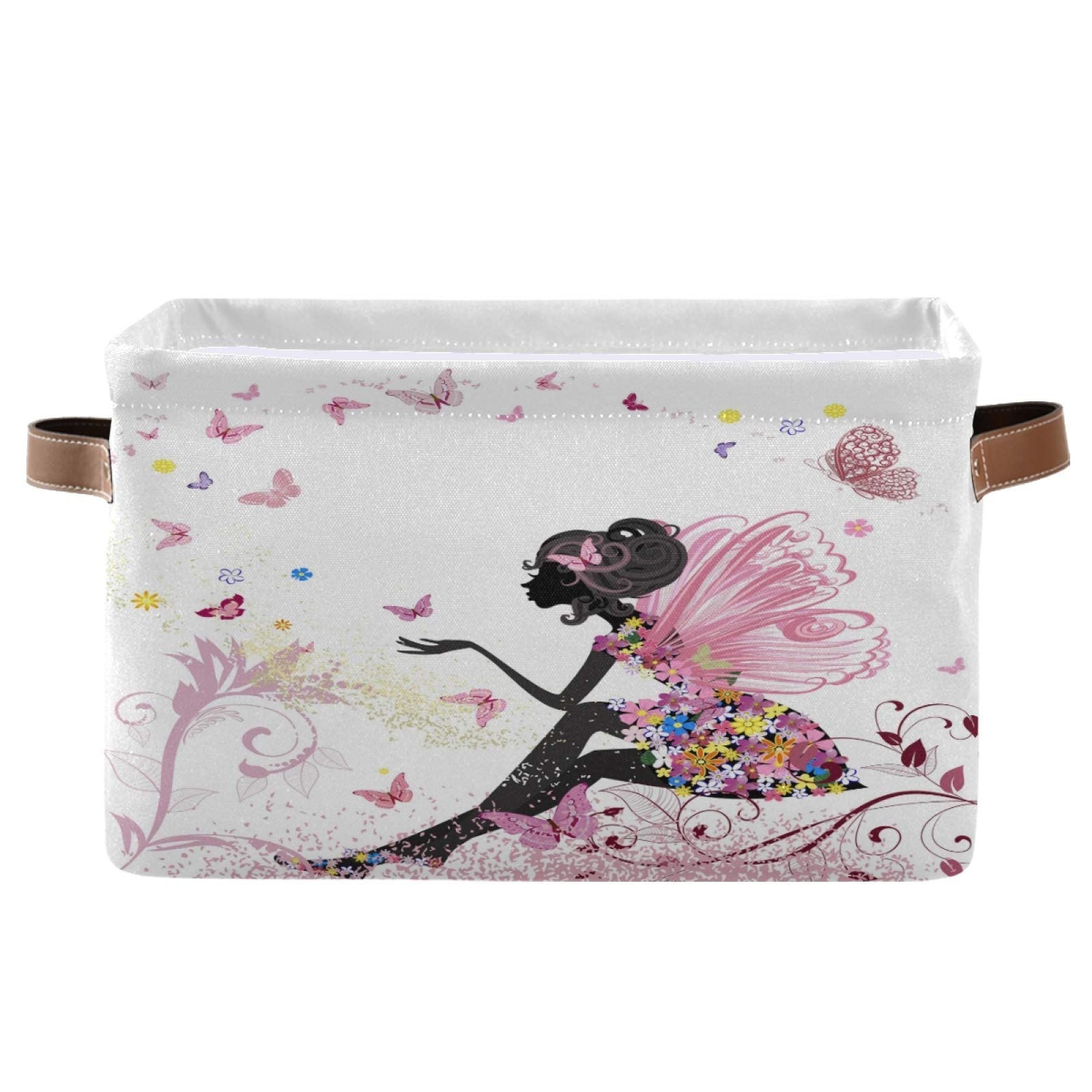 ALAZA Decorative Basket Rectangular Storage Bin, Flower Fairy in The Environment of Butterflies Organizer Basket with Leather Handles for Home Office