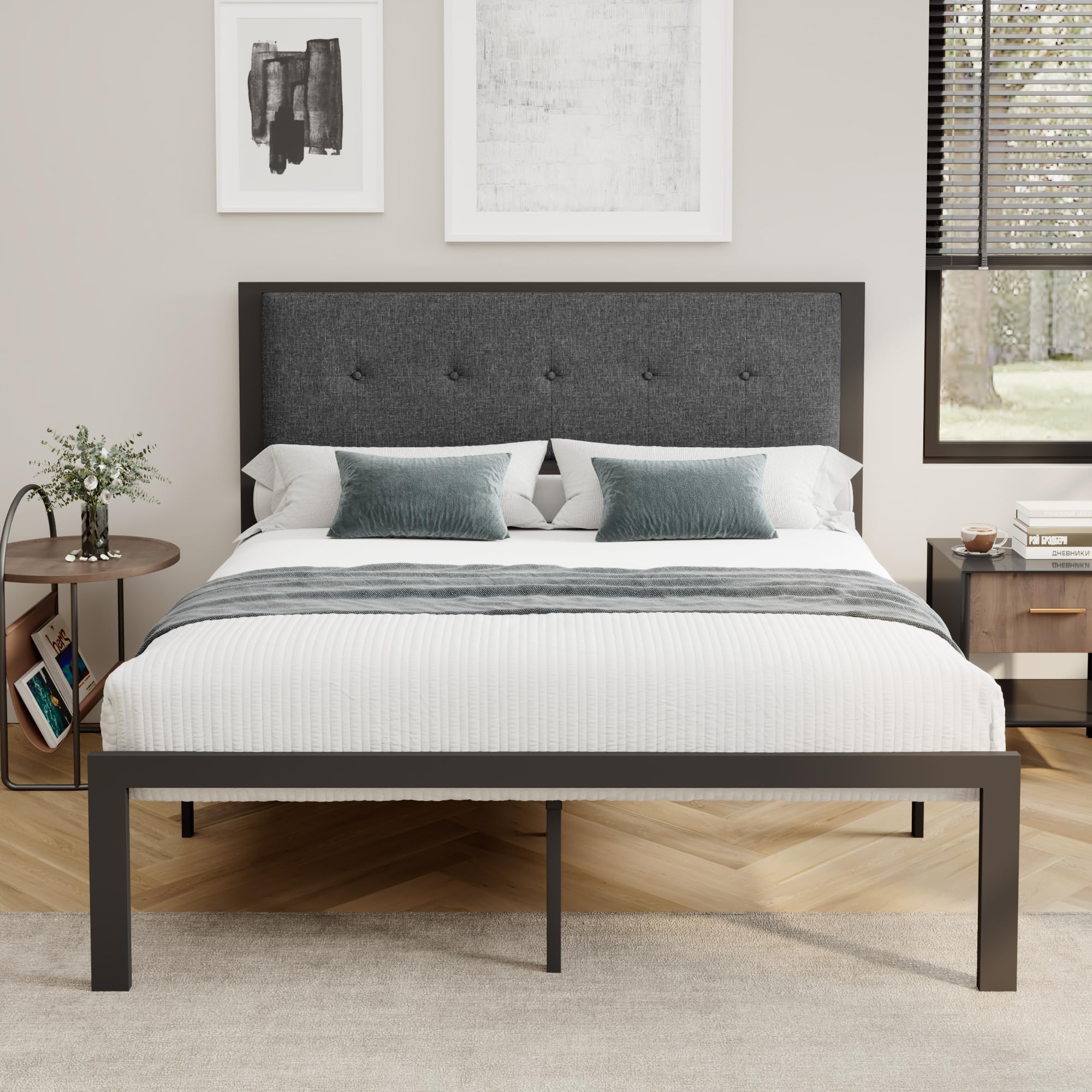 Allewie Full Size Bed Frame with Upholstered Button Tufted Headboard, Platform Bed Frame with 12.4" Underbed Storage, No Box Spring Needed,Noise Free, Easy Assembly, Dark Grey
