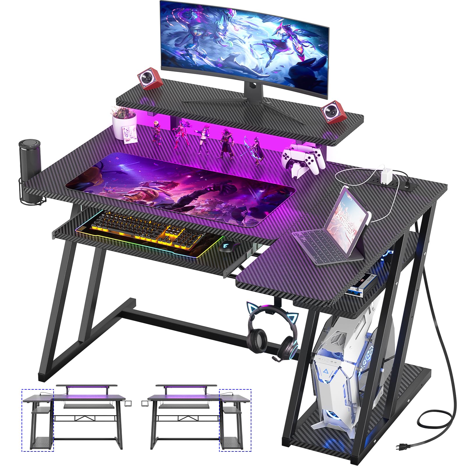 armocity Pink Gaming Desk with Power Outlets and LED Lights, Reversible L Shaped Gaming Desk with Shelves, 47"