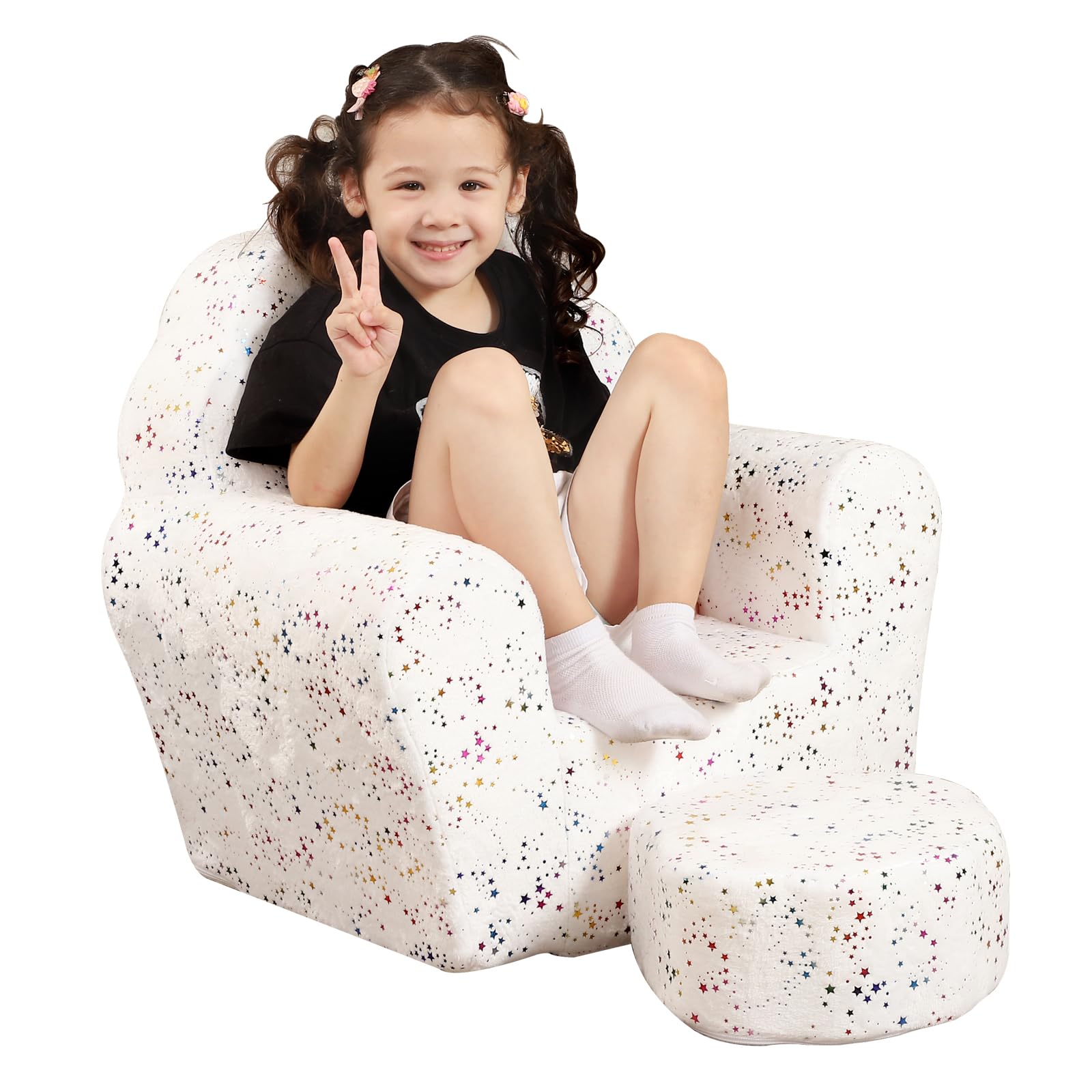 MOMCAYWEX Kids Sofa with Ottoman, Shell-Like Sofa for Boys and Girls, White with Shinny