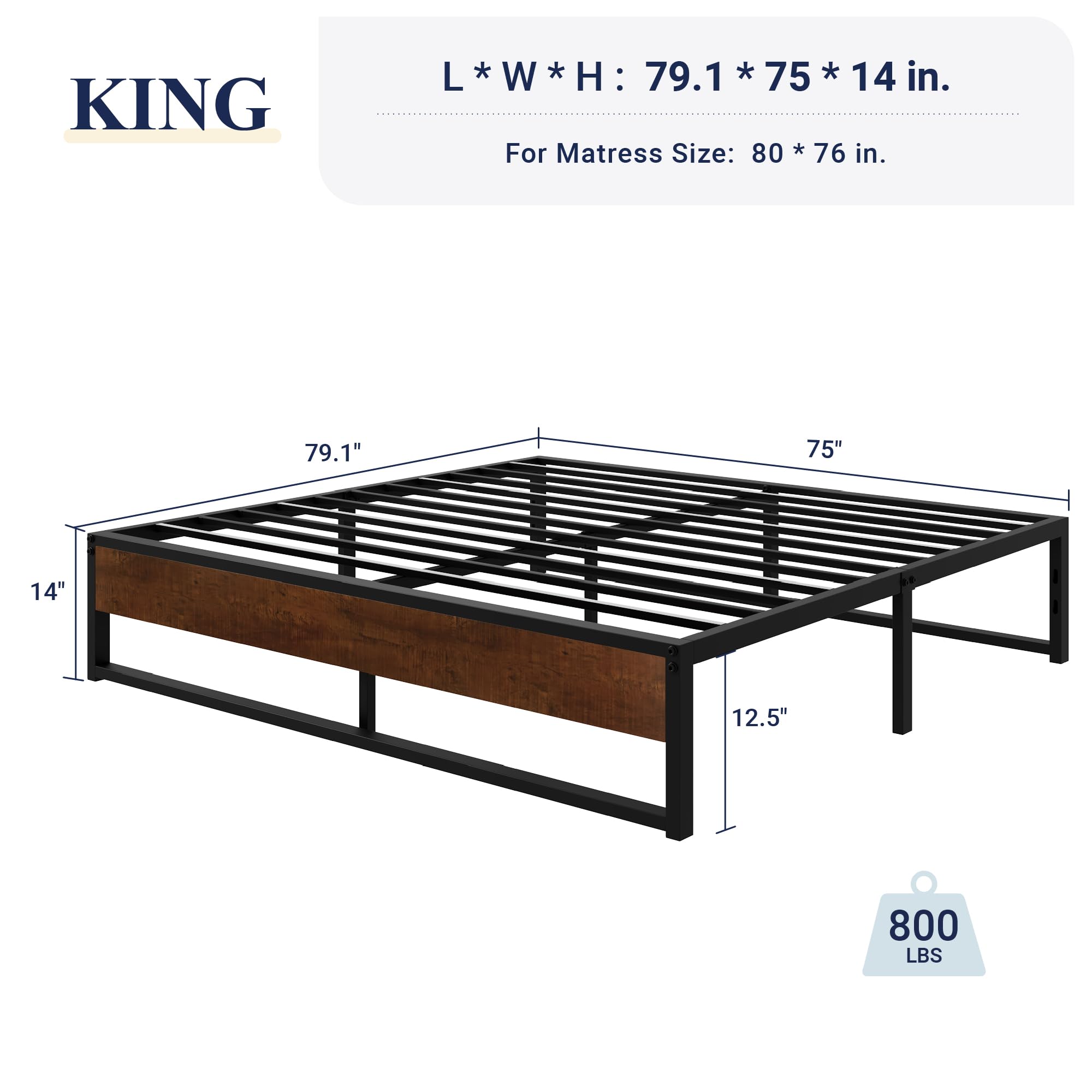 Allewie King Size 14 Inch Metal Platform Bed Frame, Mattress Foundation with Metal Slats Support, No Box Spring Needed, Easy Assembly, Black