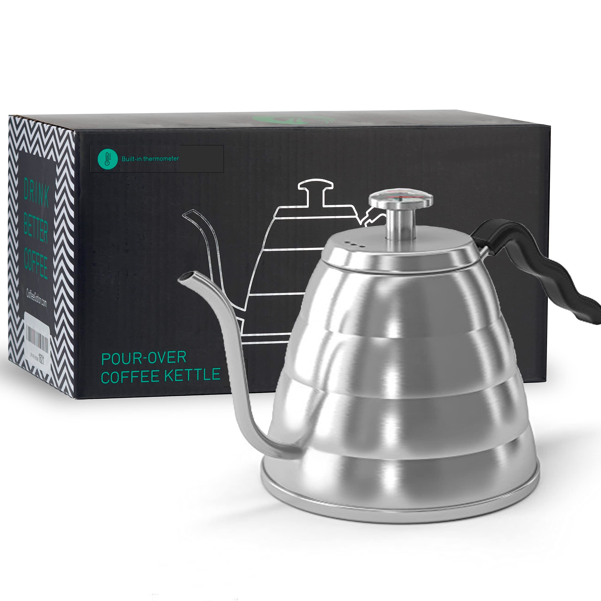 Coffee Gator 34oz Stainless Steel Gooseneck Kettle with Thermometer, 4 Cup