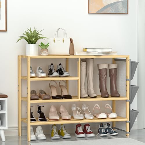 CozyBath Bamboo Shoe Rack, 4 Tiers Shoe Organizer for Closet, Sturdy Boots Shoes Storage for 20-24 Pairs, FreeStanding Shoe Shelf with Removable Pocket for Entryway Bedroom Front Door
