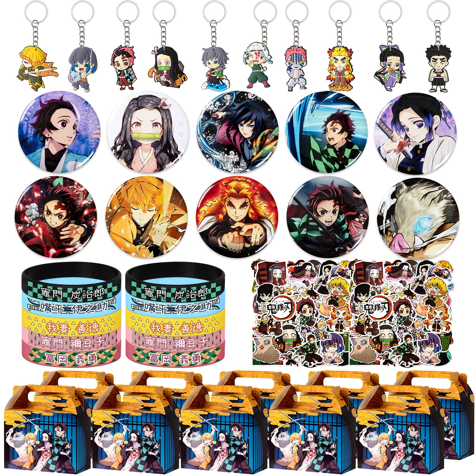 Birthday Party Supplies, 100Pcs Party Favors, Include 10 Gift Case,10 Bracelets,10 Button Pins, 10 Silicone Wristband, 10 Key Chains and 50 Stickers for Kids Anime Themed Party