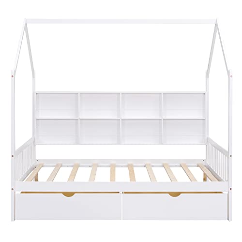 Polibi Full Size Wooden House Bed with 2 Drawers, 8 Storage Shelves, Roof, Headboard and Footboard, White