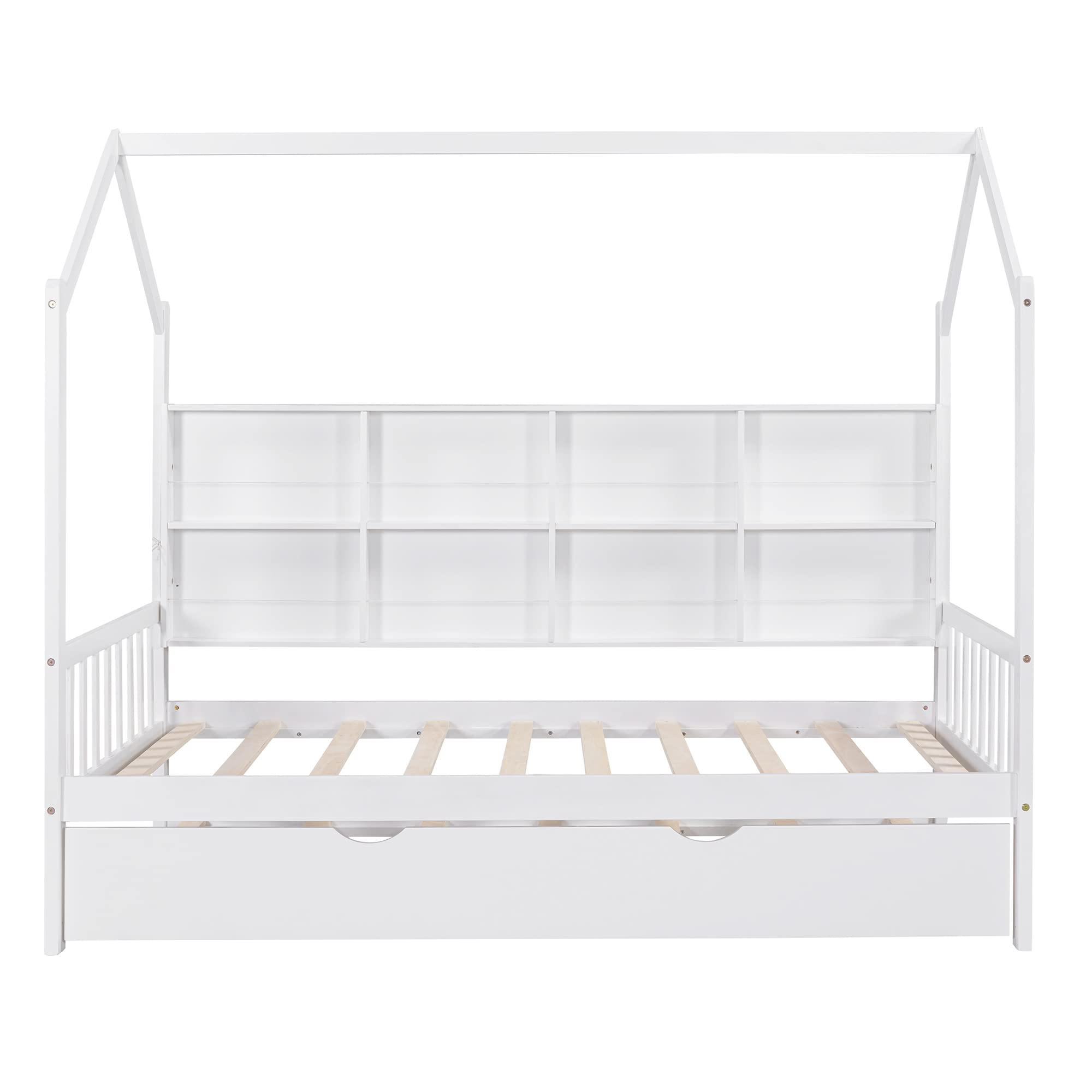 Merax Wood Twin Montessori Daybed with Trundle and Book Shelf, Low Sofa Day Bed for Boys Girls,No Box Spring Needed White