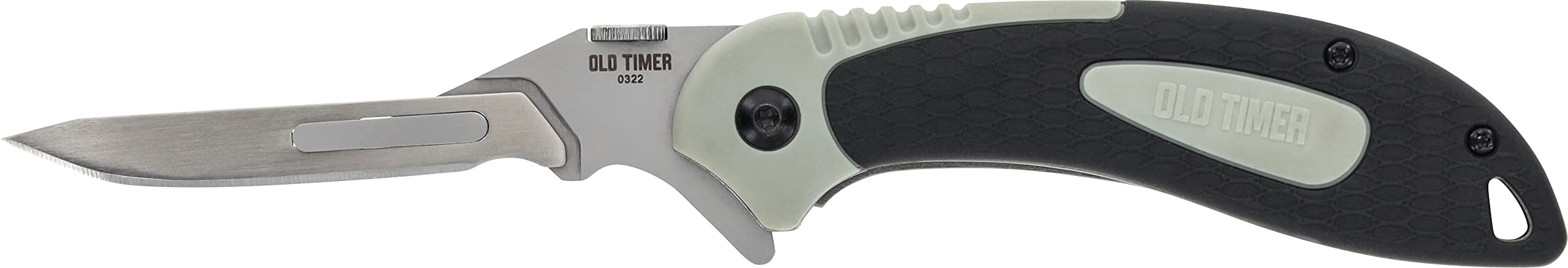 Old Timer Replaceable Blade Knife Kit with Interchangeable Scalpel Blades, Saw Blades, and Gut Hooks, Rubber Overmold Grip, and Liner Lock for Hunting, Skinning, and Outdoors