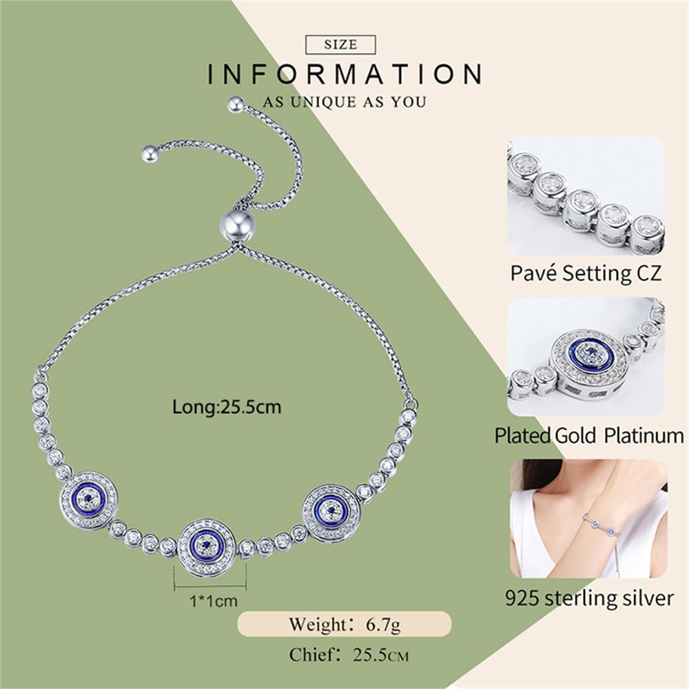 BISAER Blue Evil Eyes Tennis Bracelet 925 Sterling Silver Luck Bracelet with Cubic Zirconia Chain Adjustable for Women