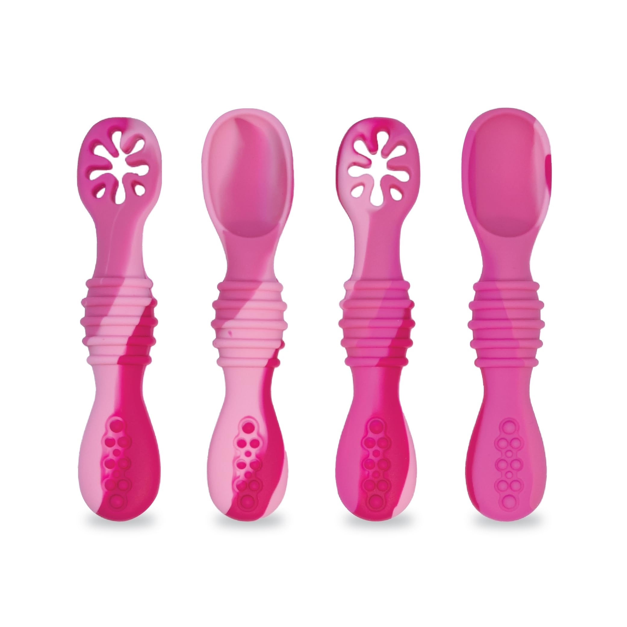 JuLe Self Feeding Baby Spoon Set (NEW Pre-Stage 1 + Stage 1) Silicon, Infant, Toddler, Weaning (Pink Camo, Set of 4)