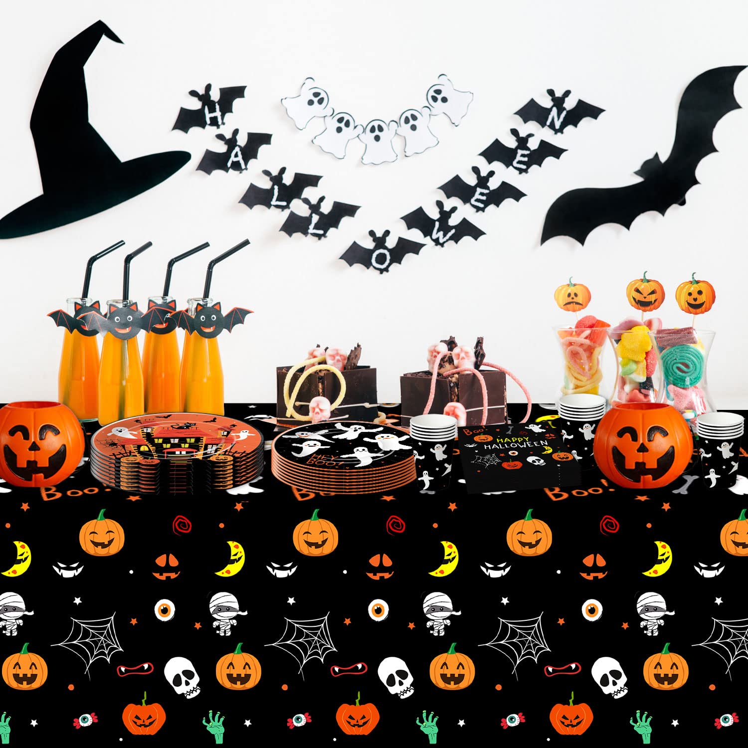 APOWBLS Halloween Decorations Party Tableware - Halloween Party Supplies, Halloween Birthday Plates, Napkins, Cups, Tablecloth, Cutlery, Straws, For Halloween Party Decorations Dinnerware | Serves 24