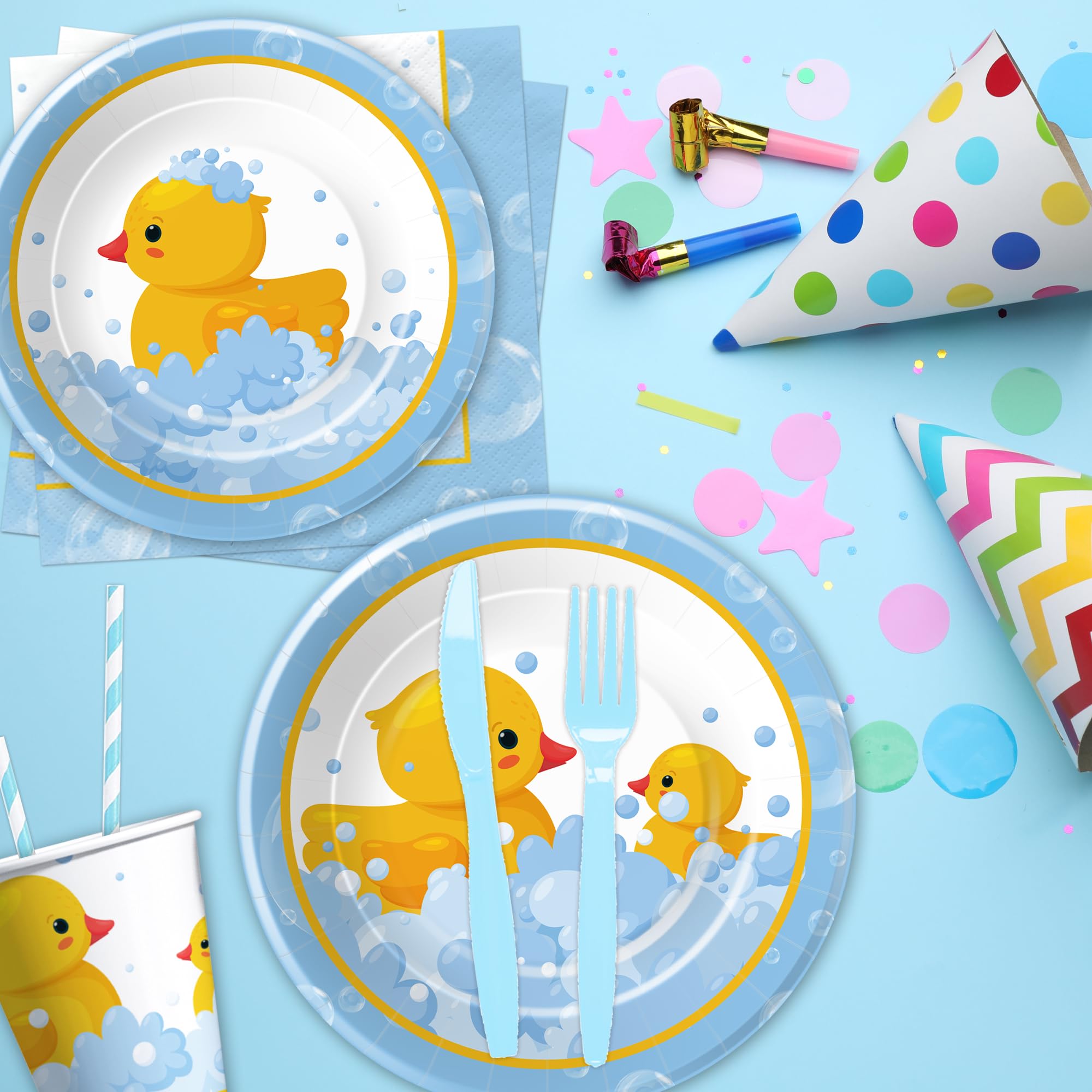 APOWBLS Rubber Duck Decorations Tableware - Duck Party Supplies For Baby Shower Birthday, Paper Plate, Napkin, Tablecloth, Fork, Bubble Bath Rubber Duck Party Decorations Dinnerware | Serve 24