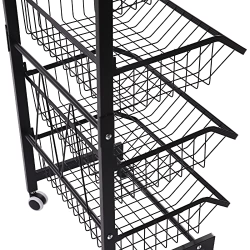 KIOPOWQ Fruit Basket, 4-Tier Rolling Utility Cart with Handle, Multi-Functional Vegetable Storage Trolley Fruit Basket Free-Standing Organizer for Kitchen Office, Living Room Black