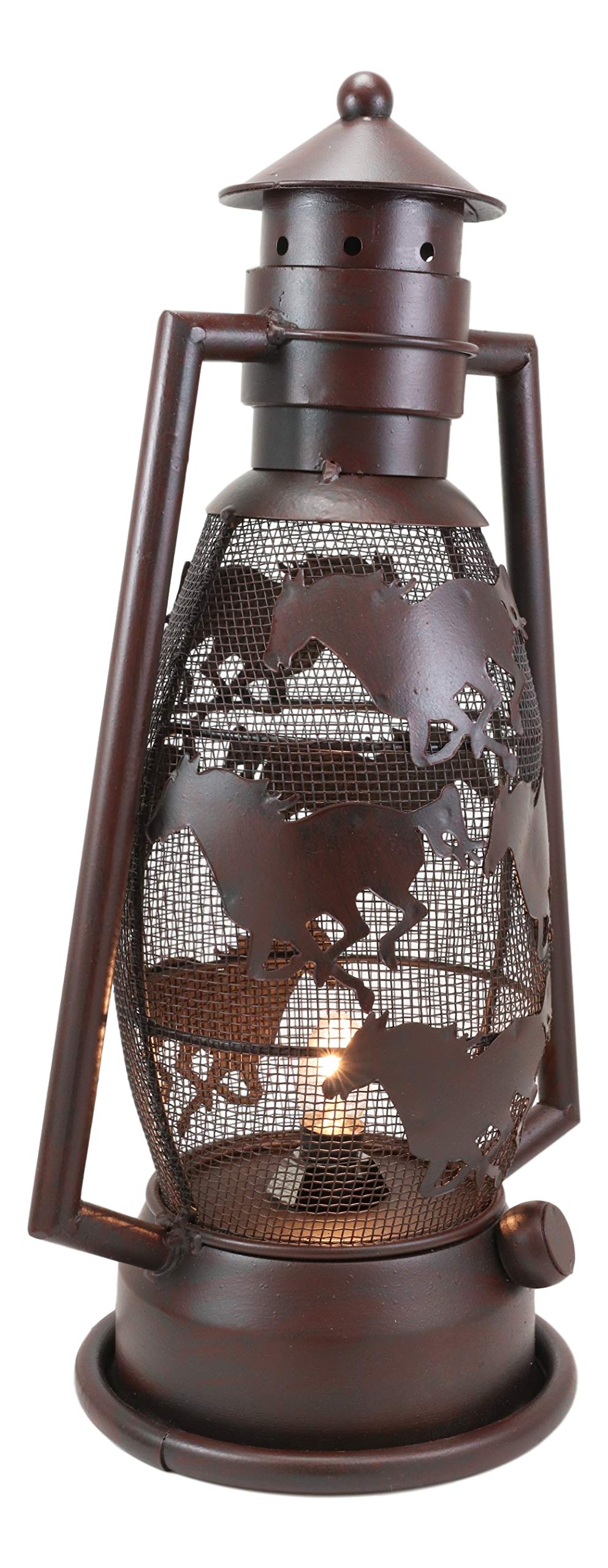 Ebros 15" Tall Old Fashioned Rustic Country Western Electric Metal Lantern Nightstand Lamp Light Or Wall Shadow Caster for Home Patio Poolside Garden Decorative (Cowboy Riding Horse)