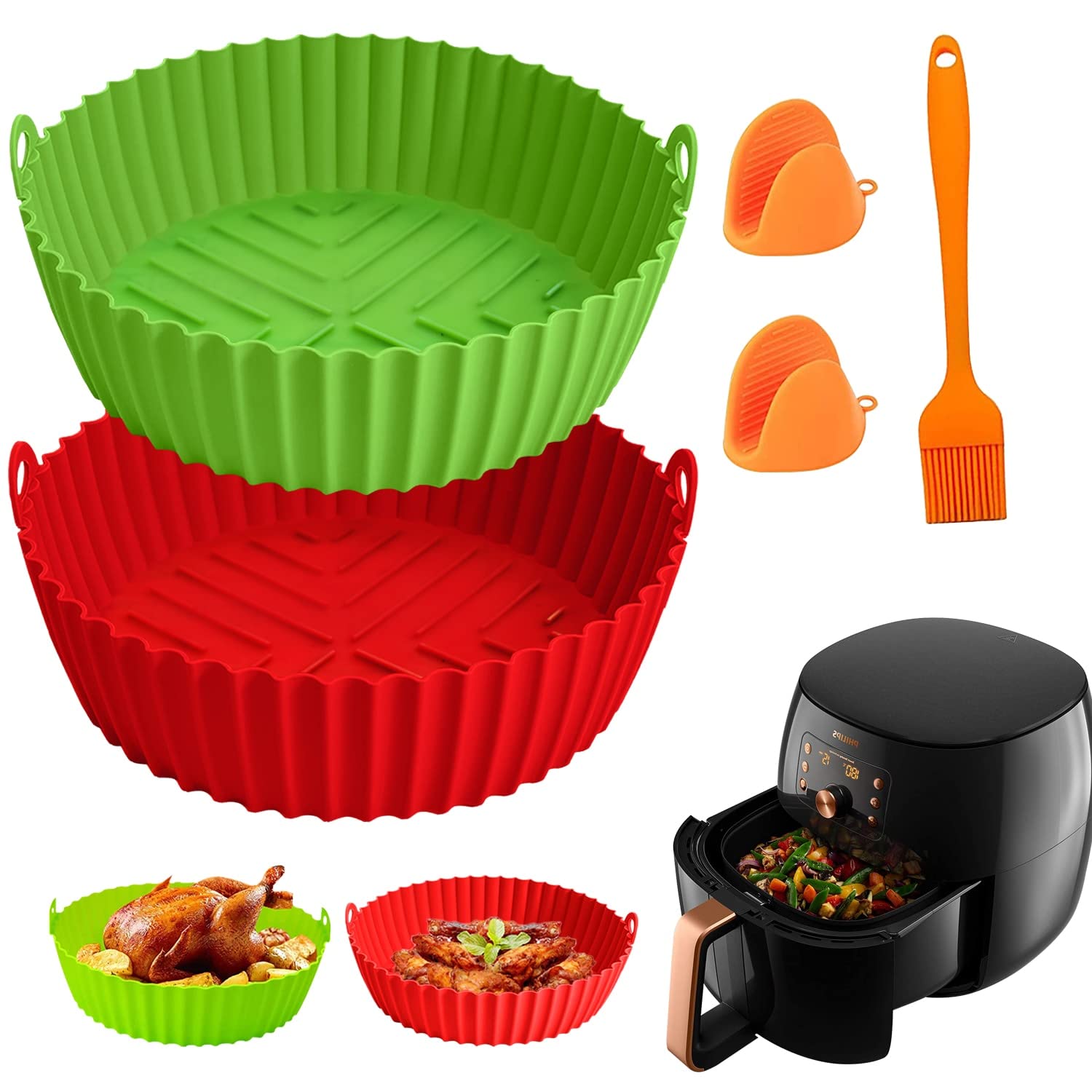 Air Fryer Liners with Oven Mitts and Pastry Brush ā 7.5 x 7.5 x 2.5 Inches Reusable Air Fryer Liners Silicone Set with Basting Brush and Oven Gloves ā Durable Silicone Material