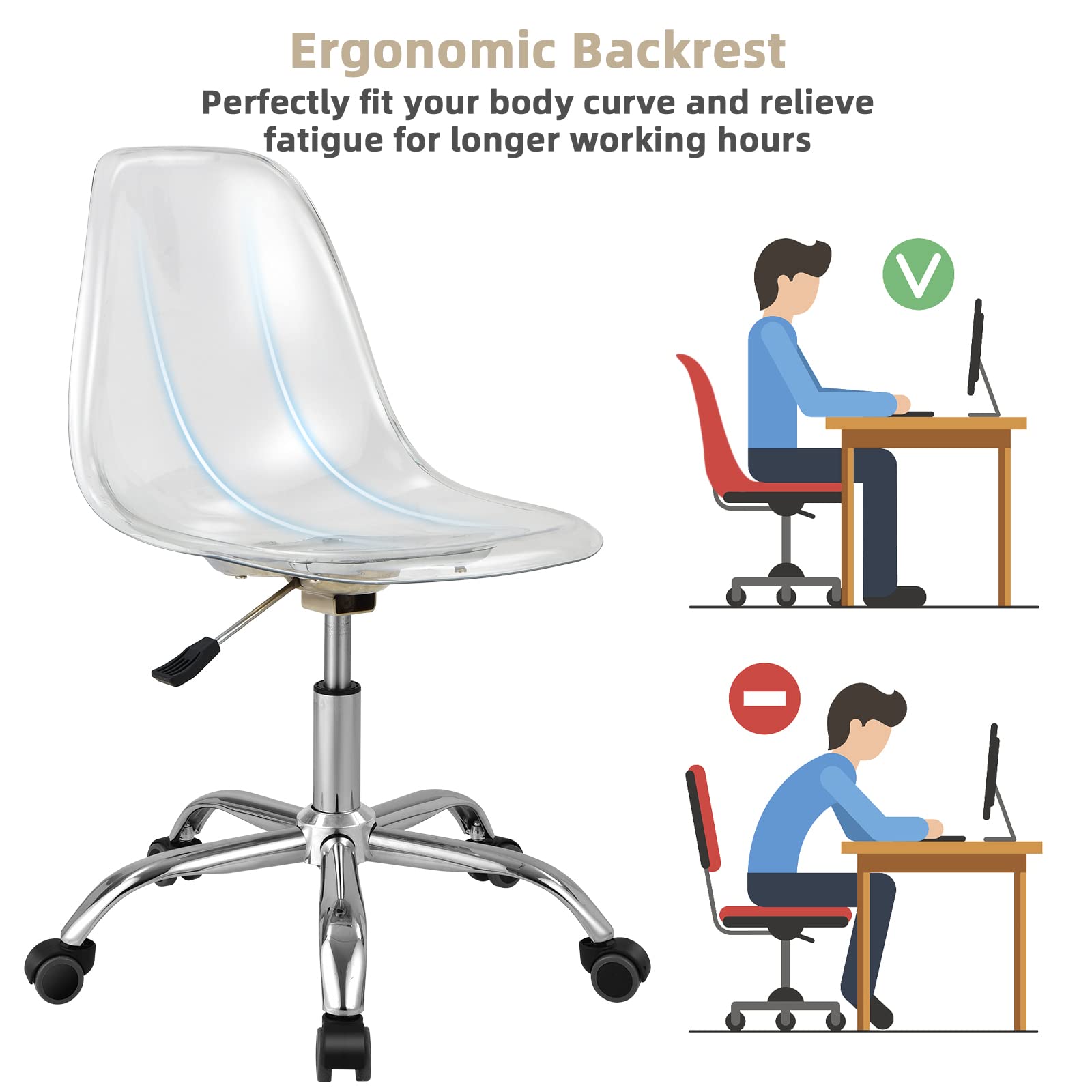 Giantex Acrylic Desk Chair, Clear Armless Office Rolling Chair, Height Adjustable Leisure Ghost Chair w/Chromed Base, Modern Cute Vanity Chair, Swivel Computer Chair for Home Office
