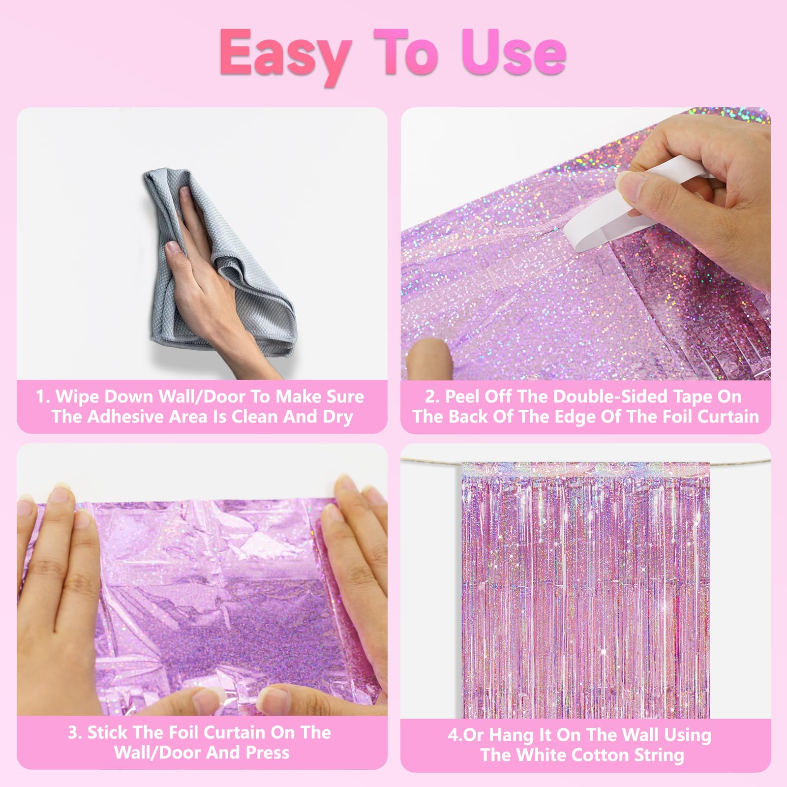 Anwyll Pink Metallic Foil Fringe Backdrop Curtains,2Pack Tinsel Curtain Party Streamers Photo Backdrop for Birthday Decoration,Glitter Pink Backdrop for Wedding Graduation Bachelor Party Decorations