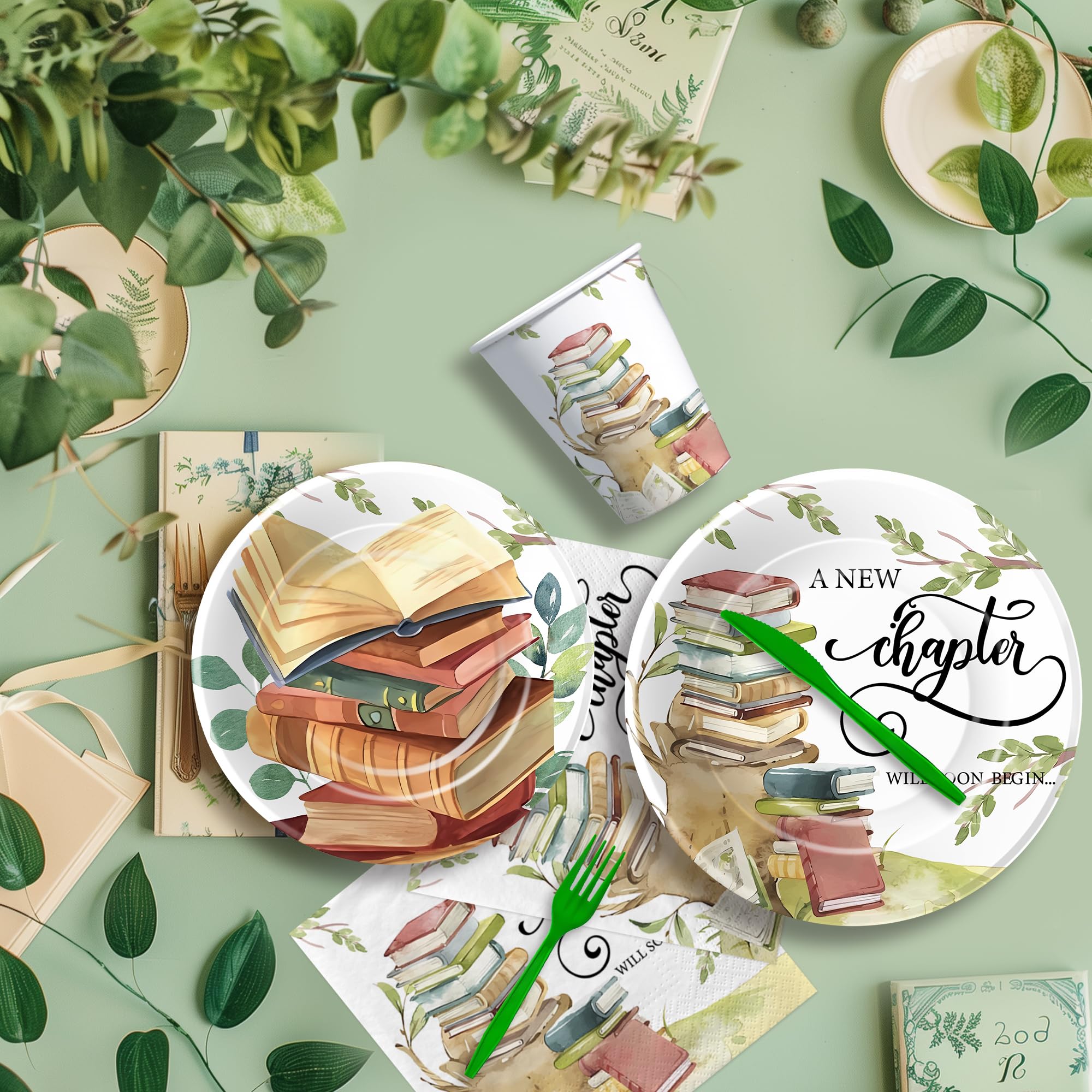 APOWBLS Storybook Baby Shower Decorations Supplies - A New Chapter Will Soon Begin Book Theme Party Decorations, Plate, Cup, Napkin, Cutlery, Library Reading Book Club Decorations Tableware | Serve 24