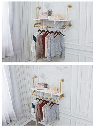 Tianman 40",Gold,White,Industrial Detachable Wall-Mounted Black Iron Wooden Garment Bar,Heavy Duty Pipe Clothing Rack,Pipe Clothes Rack, Multi-Purpose Hanging Rod for Closet Storage