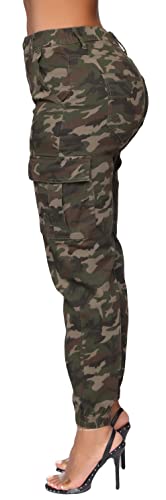 Double Denim Women's High Waist Jogger Pants - Casual Cargo Elastic Waistband Sweatpants Tapered Fatigue with 6 Pockets SCP-2049 Camo XL
