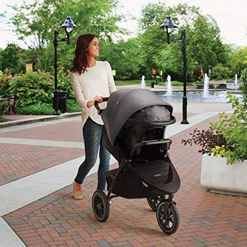 Evenflo Folio3 Stroll & Jog Travel System w/LiteMax 35 Infant Car Seat, Crossover Versatility, Ultra-Compact, Self-Standing Folding Design, 12β Air-Filled Tires, Front Wheel Swivel Lock, Avenue Gray