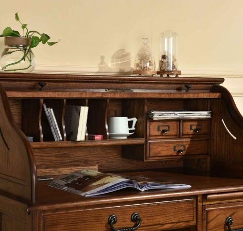Small Home Office or Student Roll Top Desk- Solid Oak Wood Single Pedestal 40.5Wx24Dx45H BW Organizer Desk Quality Crafted Construction Locking File Drawers Dovetailed Secretary Desk Easy Assembly