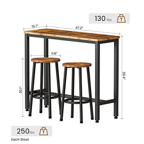 AWQM 3 Piece Bar Table Set, Industrial Pub Height Table with 2 Bar Stools,Dining Room Table Set, 47.2" Table and Classic Round Chairs Set, Ideal for Kitchen,Living Room
