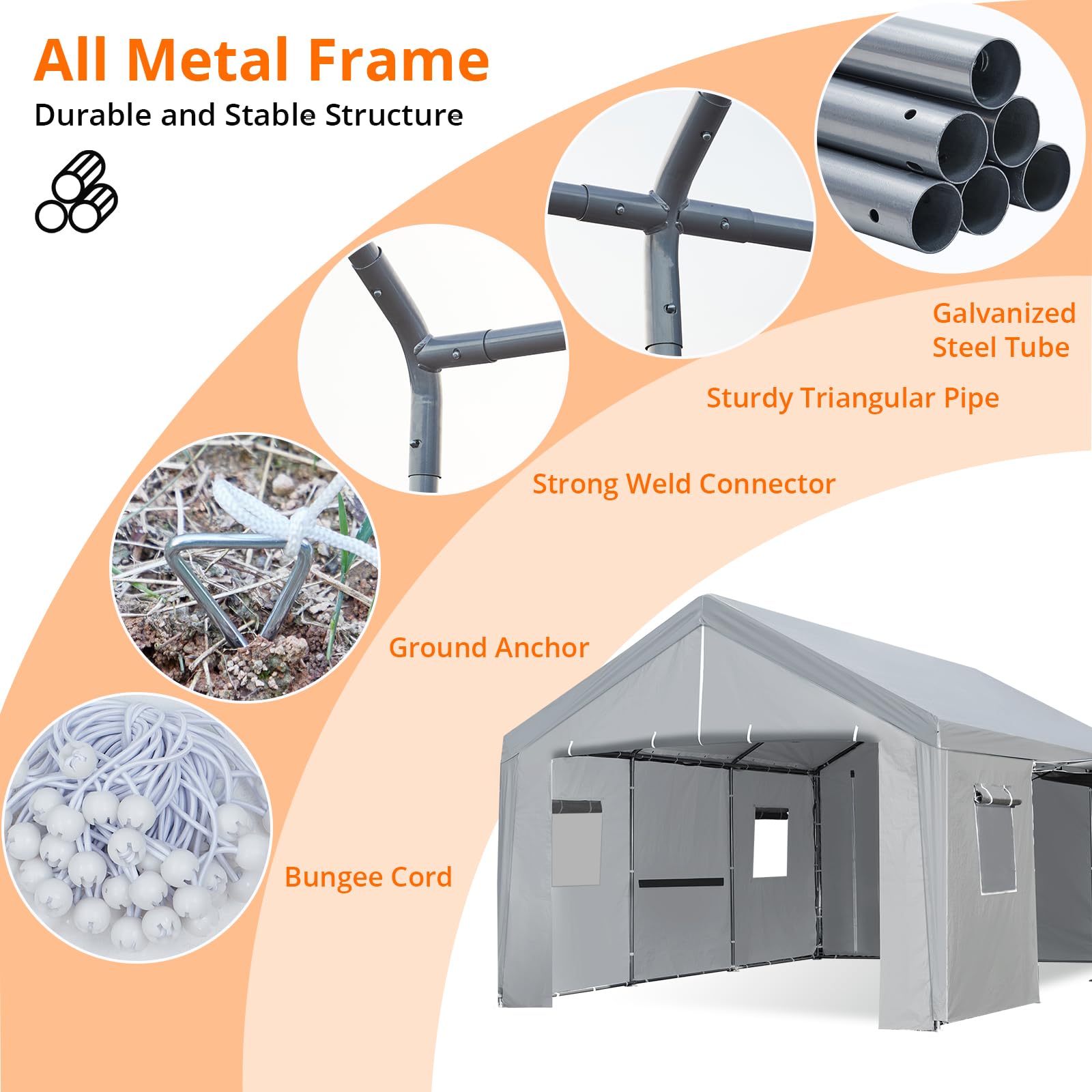 ACONEE Carport 10×20 FT Portable Garage, Heavy Duty Car Port Canopy with Roll-up Doors & Ventilated Windows, Galvanized Steel Frame, Boat Shelter Tent Waterproof All-Season Tarp for Pickup Truck, Grey