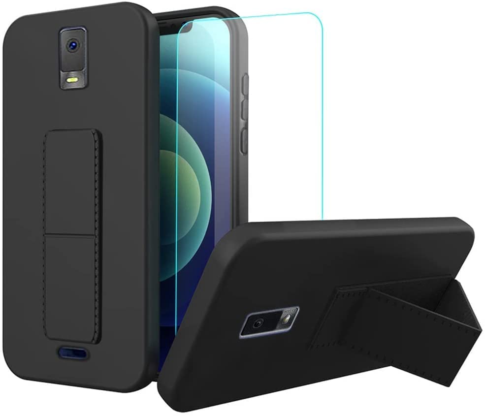 Case for BLU View 3 /B140DL Phone Case, Stand Case with Tempered Glass Screen Protector Hide Telescopic Kickstand Shockproof Protective Cover Silicone TPU Case for BLU View 3 /B140DL - Black