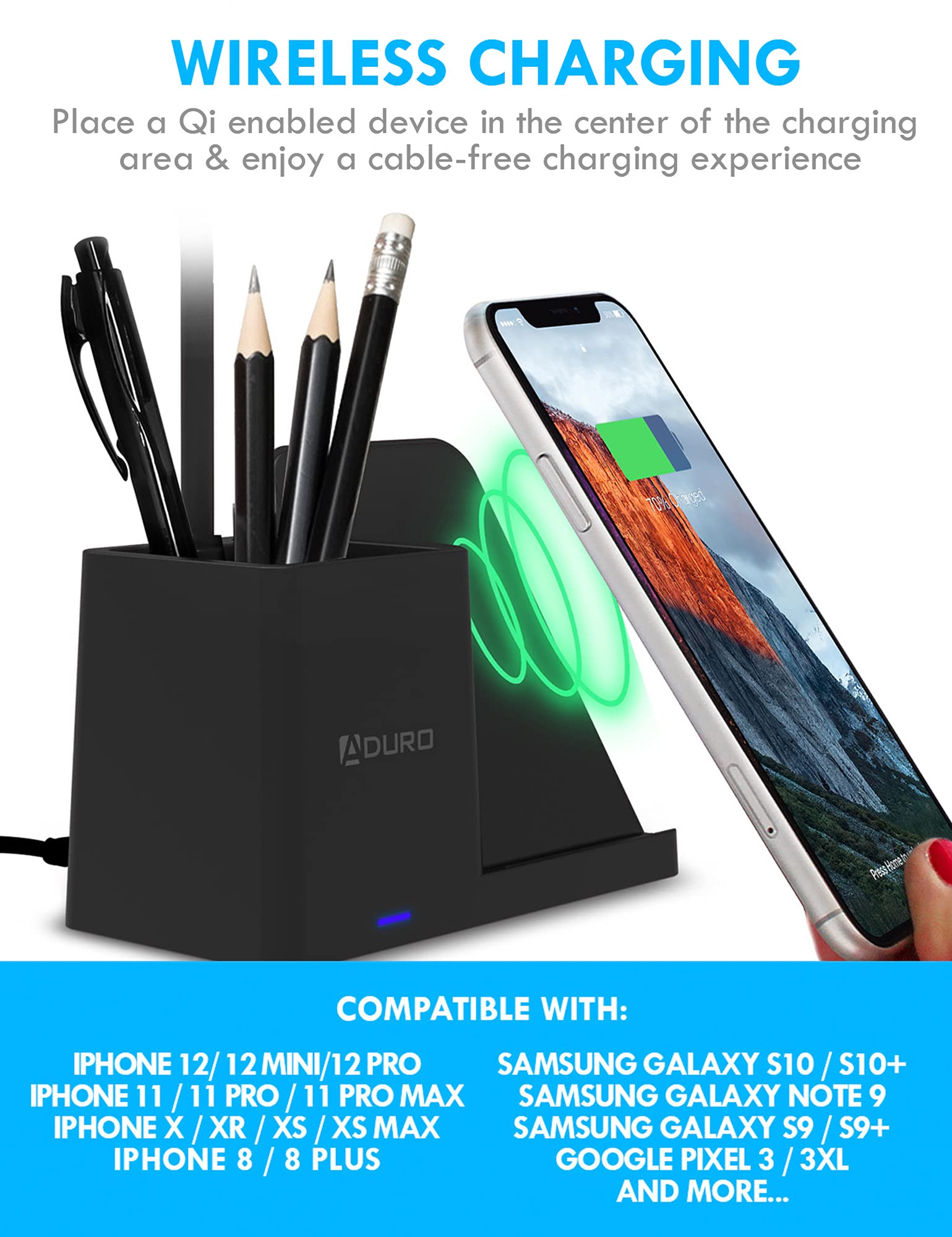 Aduro U-Light LED Desk Lamp Organizer Desk Light with Pen Holder & QI Wireless Charger Stand Black