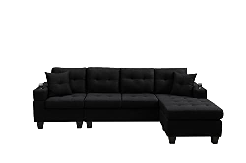 BIADNBZ Modern Sectional Sofa Set with Reversible Chaise Lounge,2 Pillows and Cup Holders,4-Seat L-Shaped Upholstered Couch for Living Room Office Apartment, Black