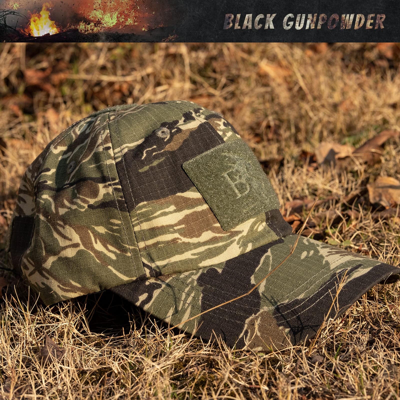Black Gunpowder Tactical Camo Baseball Cap Tactical Operator Collection Patch Hunting Outdoor Activities (Tiger Stripe)